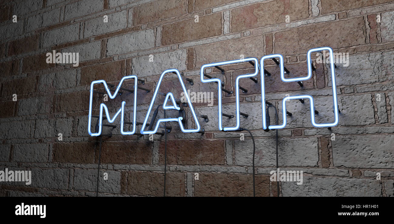 MATH - Glowing Neon Sign on stonework wall - 3D rendered royalty free ...