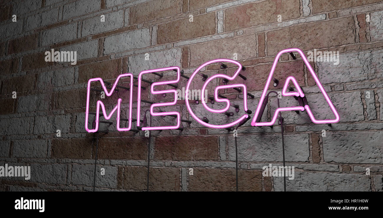 MEGA - Glowing Neon Sign on stonework wall - 3D rendered royalty free ...