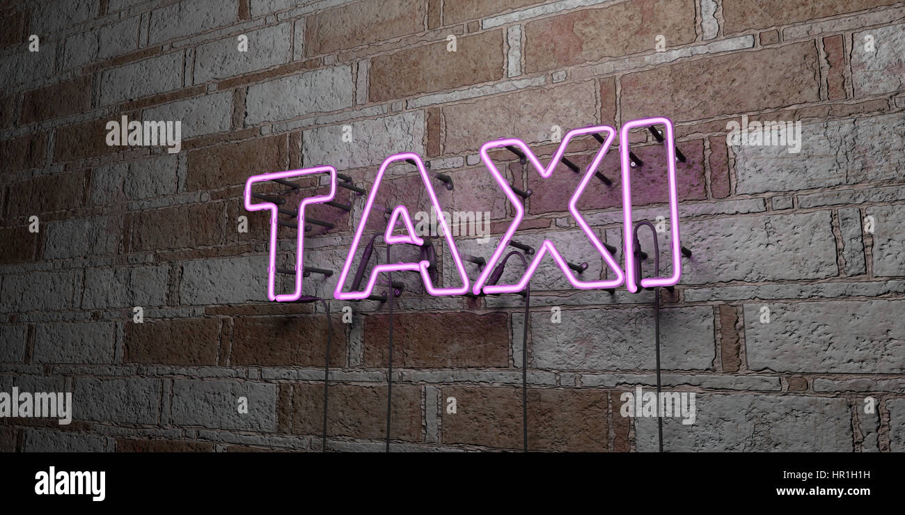 TAXI - Glowing Neon Sign on stonework wall - 3D rendered royalty free ...
