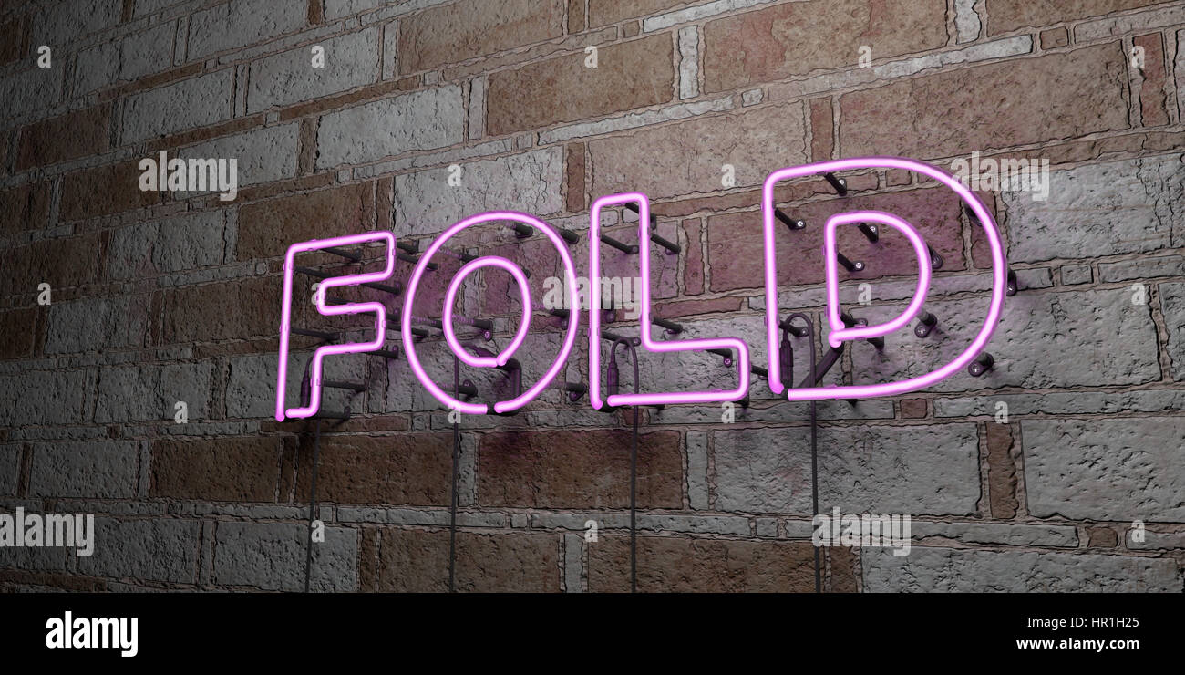 FOLD - Glowing Neon Sign on stonework wall - 3D rendered royalty free ...