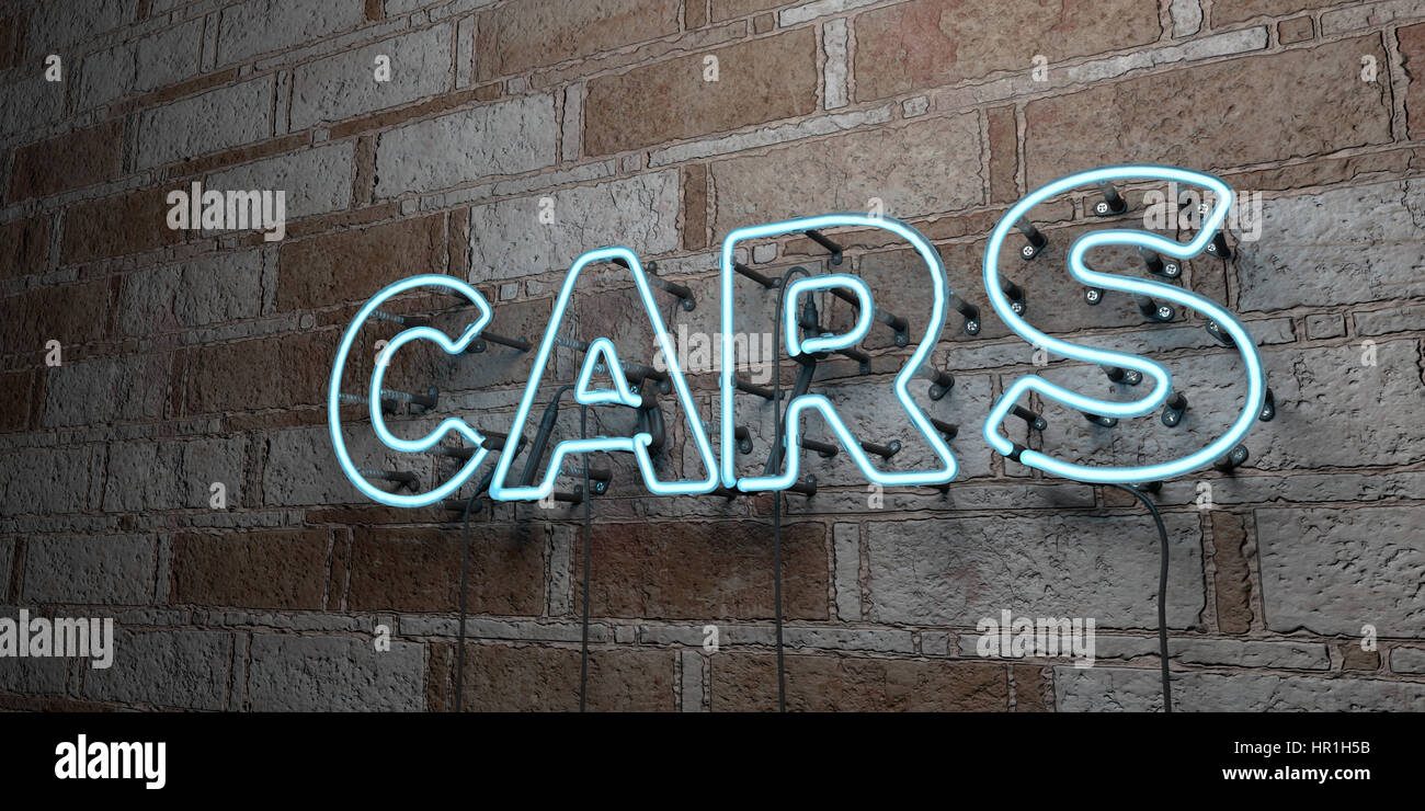 CARS - Glowing Neon Sign on stonework wall - 3D rendered royalty free ...