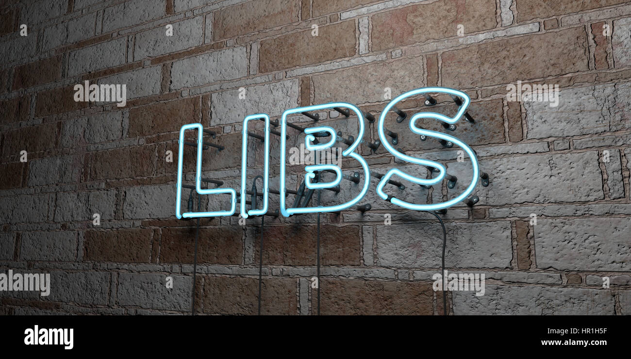LIBS - Glowing Neon Sign on stonework wall - 3D rendered royalty free ...