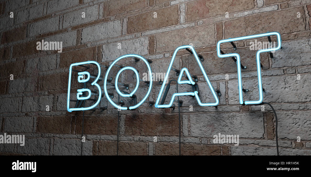 BOAT - Glowing Neon Sign on stonework wall - 3D rendered royalty free ...