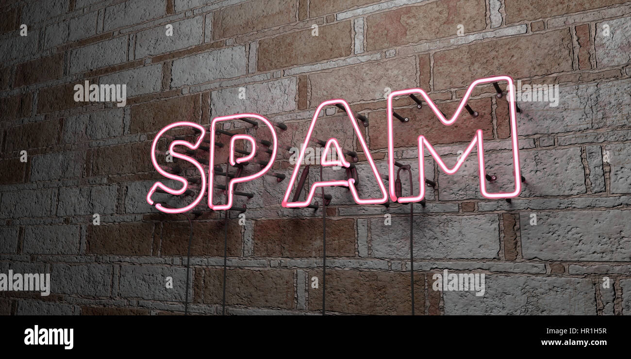 SPAM - Glowing Neon Sign on stonework wall - 3D rendered royalty free ...