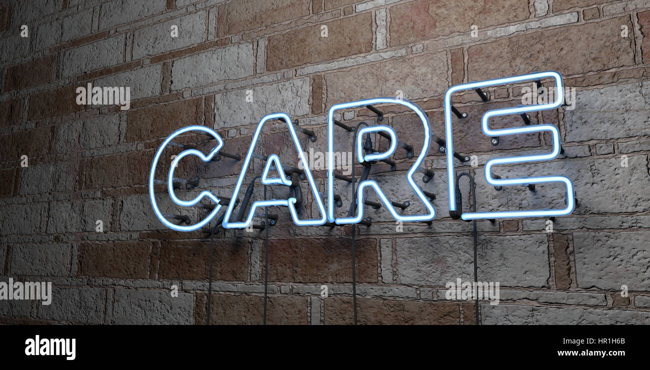 CARE - Glowing Neon Sign on stonework wall - 3D rendered royalty free ...