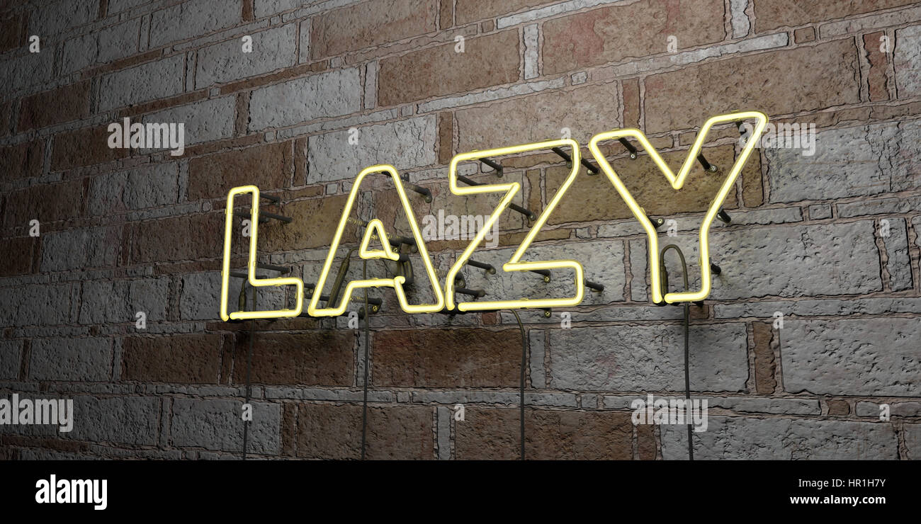LAZY - Glowing Neon Sign on stonework wall - 3D rendered royalty free ...