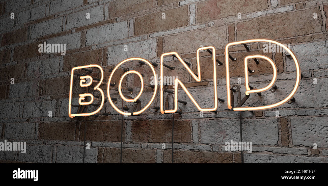 BOND - Glowing Neon Sign on stonework wall - 3D rendered royalty free ...