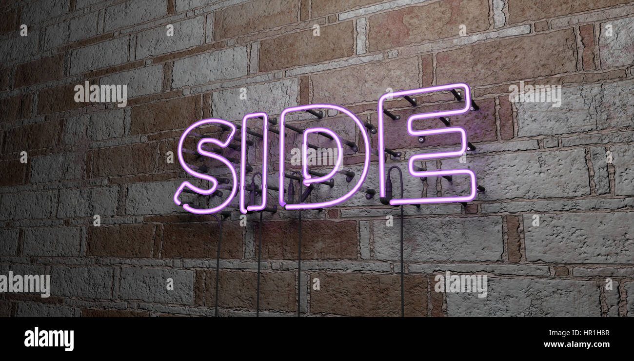 SIDE - Glowing Neon Sign on stonework wall - 3D rendered royalty free ...