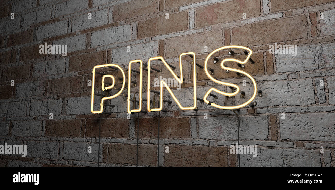 PINS - Glowing Neon Sign on stonework wall - 3D rendered royalty free ...