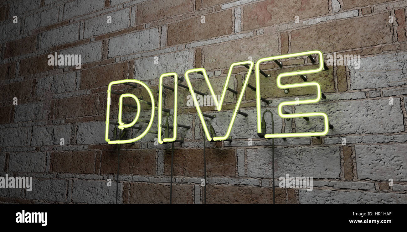 DIVE - Glowing Neon Sign on stonework wall - 3D rendered royalty free ...