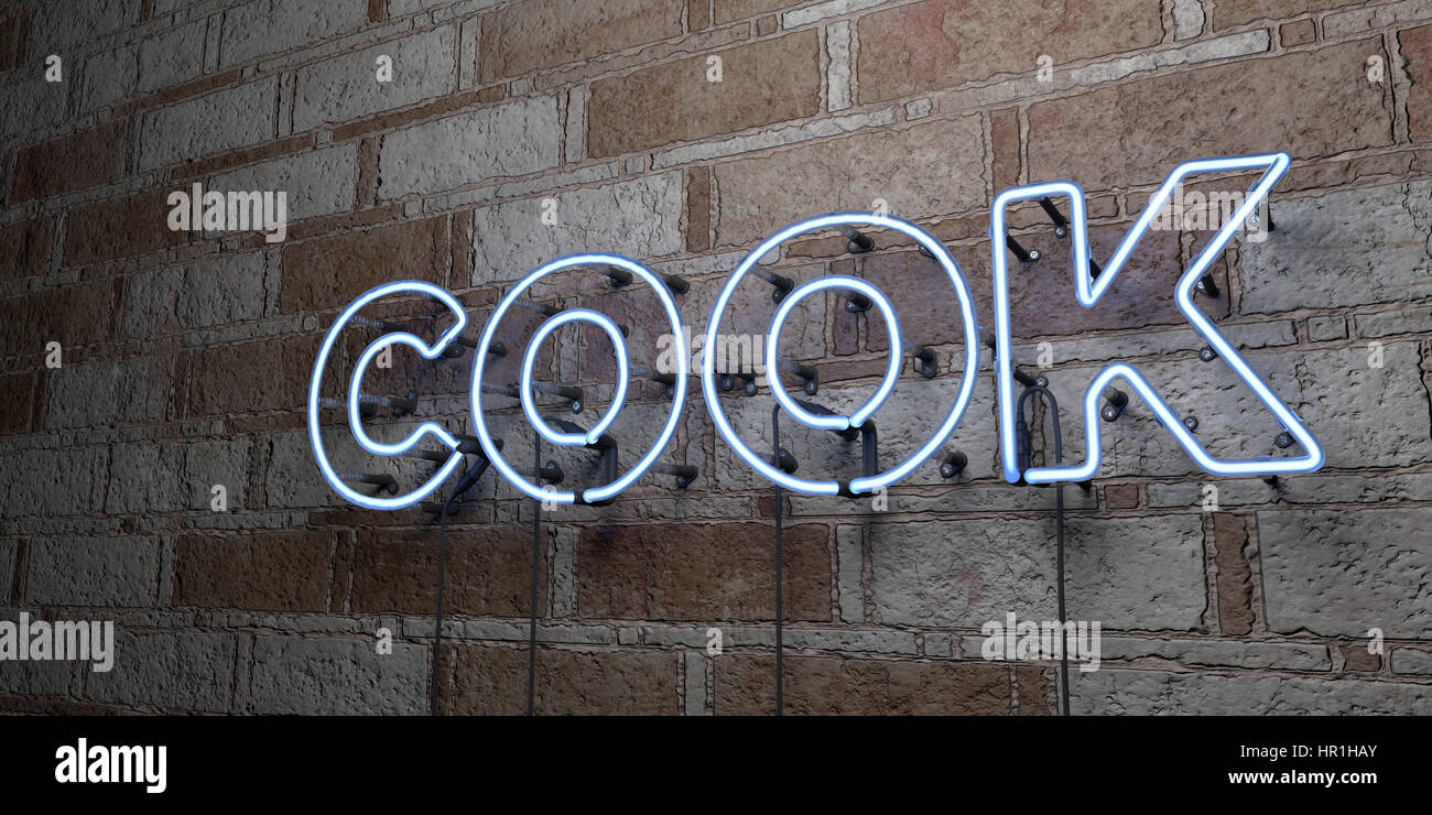COOK - Glowing Neon Sign on stonework wall - 3D rendered royalty free ...