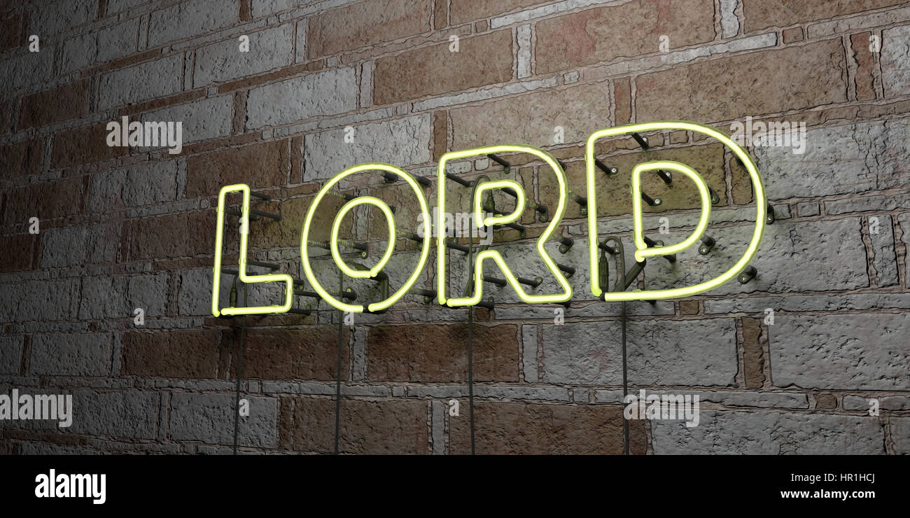 LORD - Glowing Neon Sign on stonework wall - 3D rendered royalty free ...