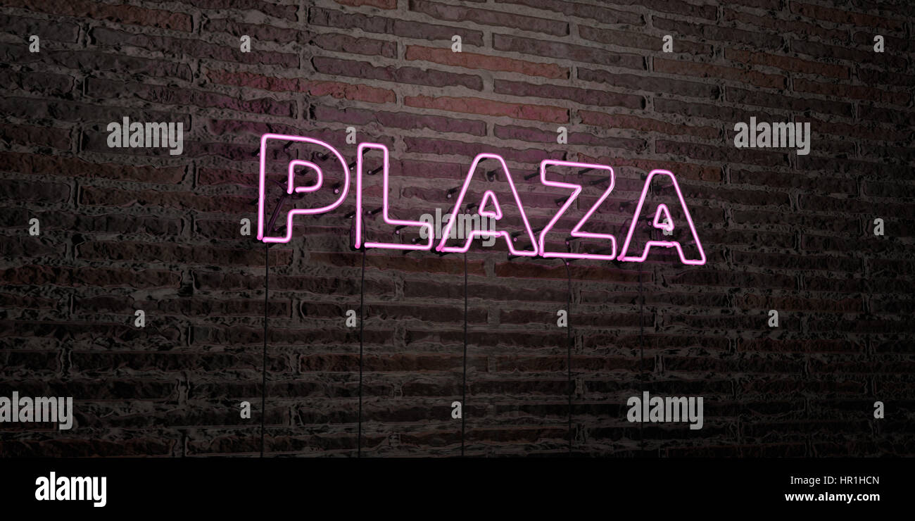 PLAZA -Realistic Neon Sign on Brick Wall background - 3D rendered ...