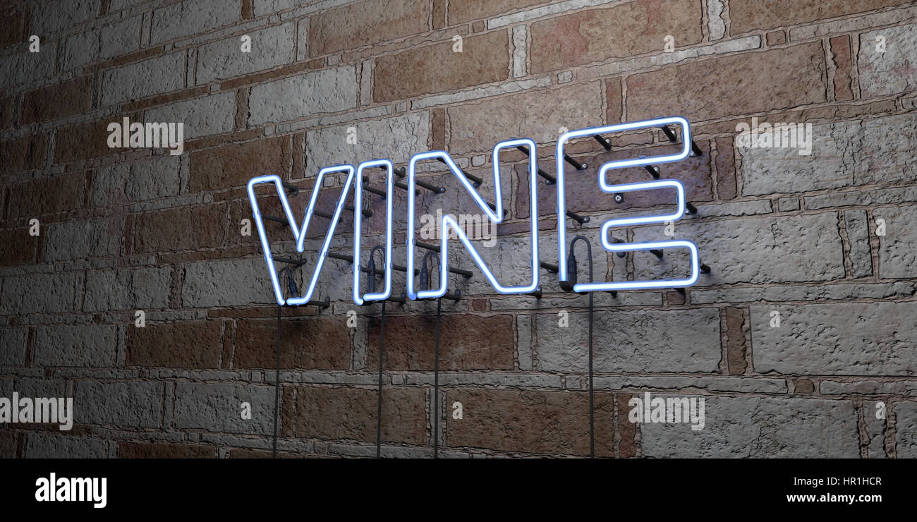 VINE - Glowing Neon Sign on stonework wall - 3D rendered royalty free ...
