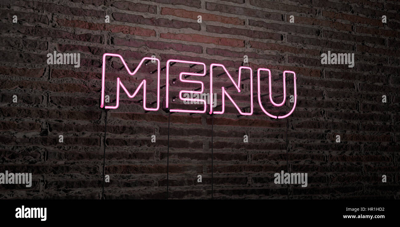 MENU -Realistic Neon Sign on Brick Wall background - 3D rendered ...