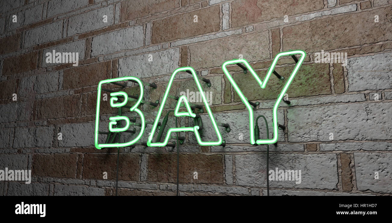 BAY - Glowing Neon Sign on stonework wall - 3D rendered royalty free ...