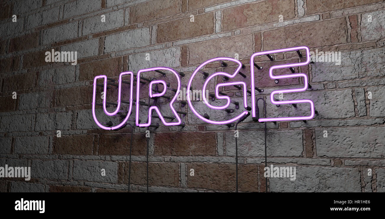URGE - Glowing Neon Sign on stonework wall - 3D rendered royalty free ...