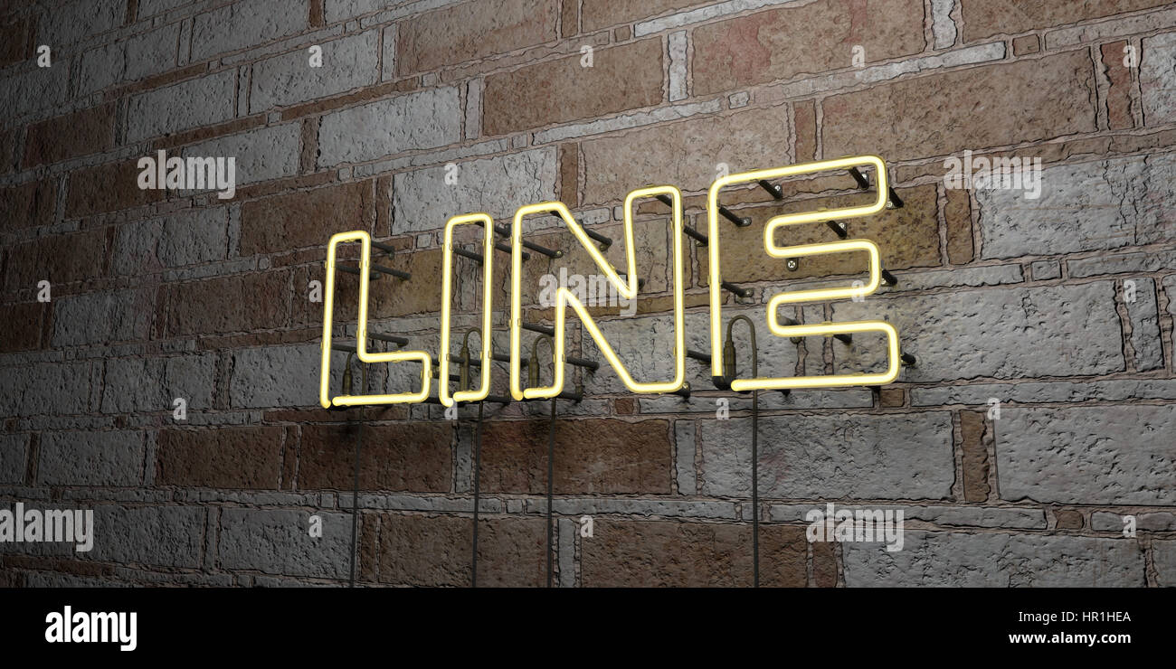 LINE - Glowing Neon Sign on stonework wall - 3D rendered royalty free ...