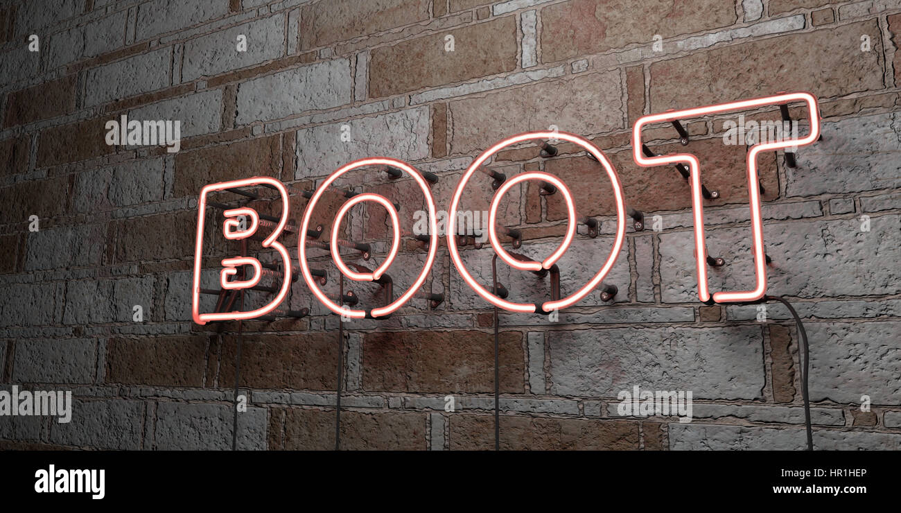 BOOT - Glowing Neon Sign on stonework wall - 3D rendered royalty free ...