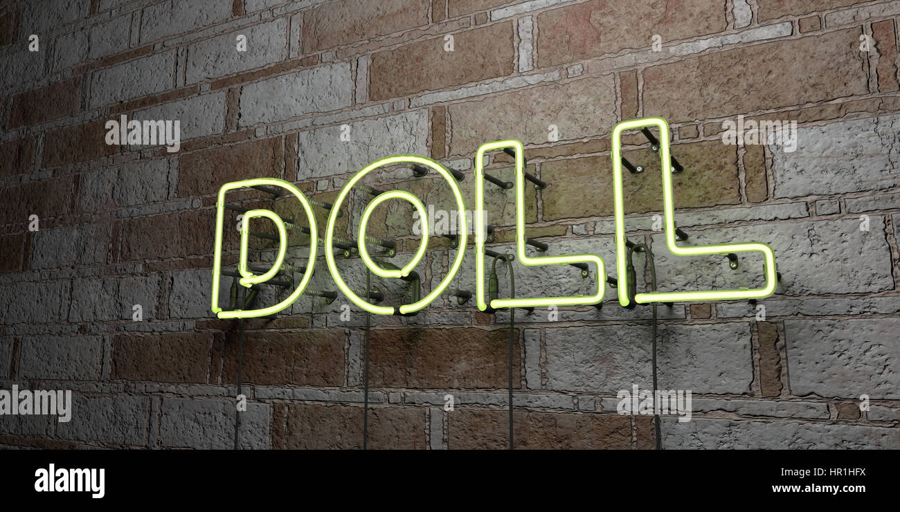 DOLL - Glowing Neon Sign on stonework wall - 3D rendered royalty free ...