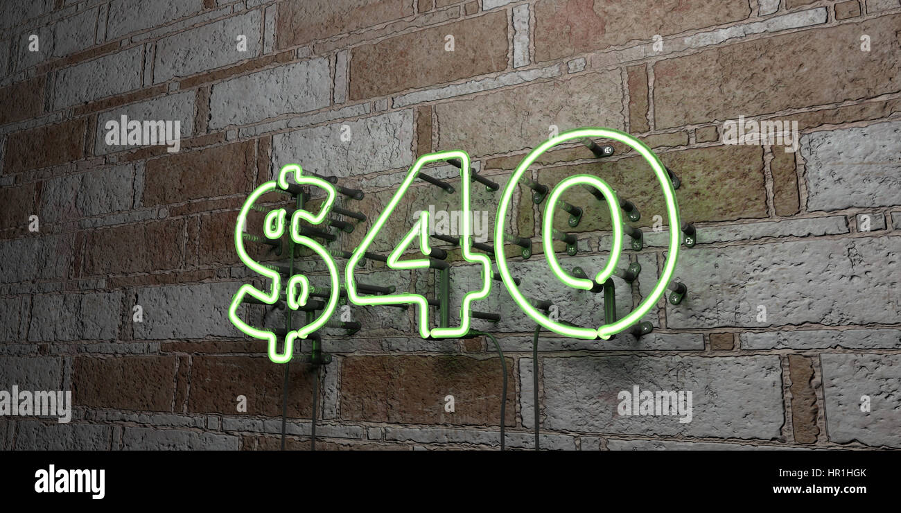 $40 - Glowing Neon Sign on stonework wall - 3D rendered royalty free ...