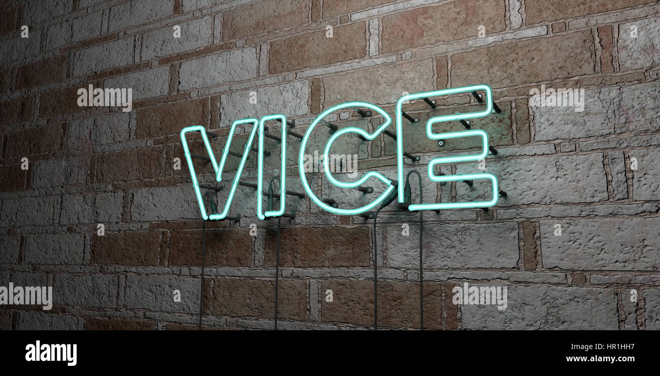 VICE - Glowing Neon Sign on stonework wall - 3D rendered royalty free ...