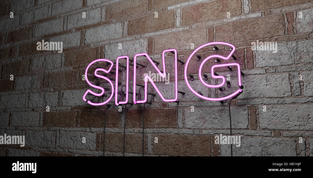 SING - Glowing Neon Sign on stonework wall - 3D rendered royalty free ...