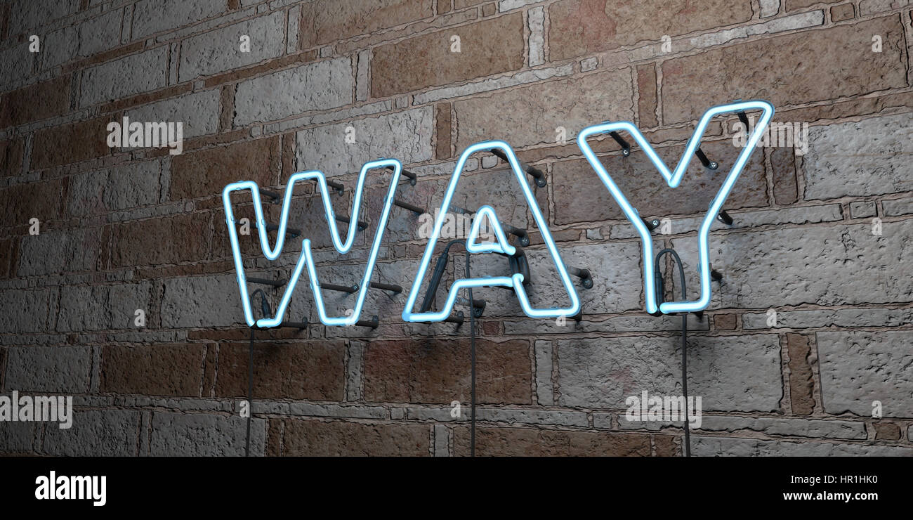 WAY - Glowing Neon Sign on stonework wall - 3D rendered royalty free ...