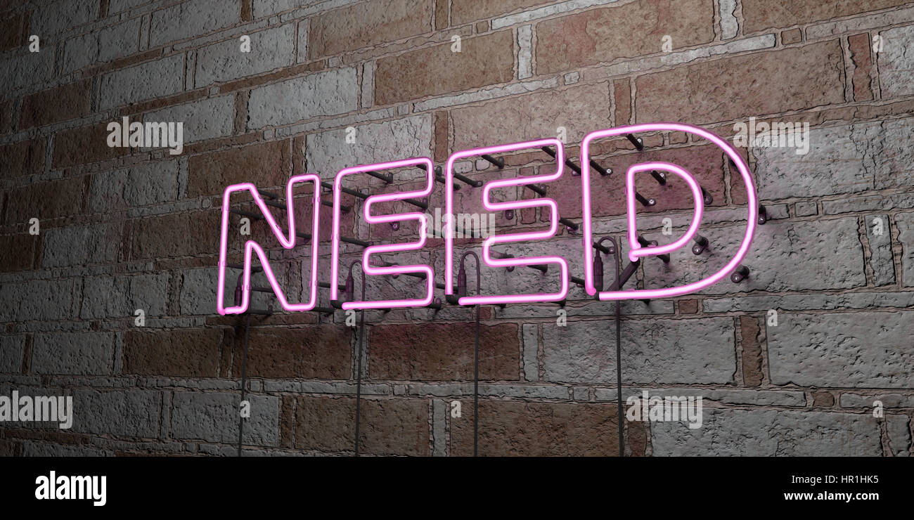 NEED - Glowing Neon Sign on stonework wall - 3D rendered royalty free ...