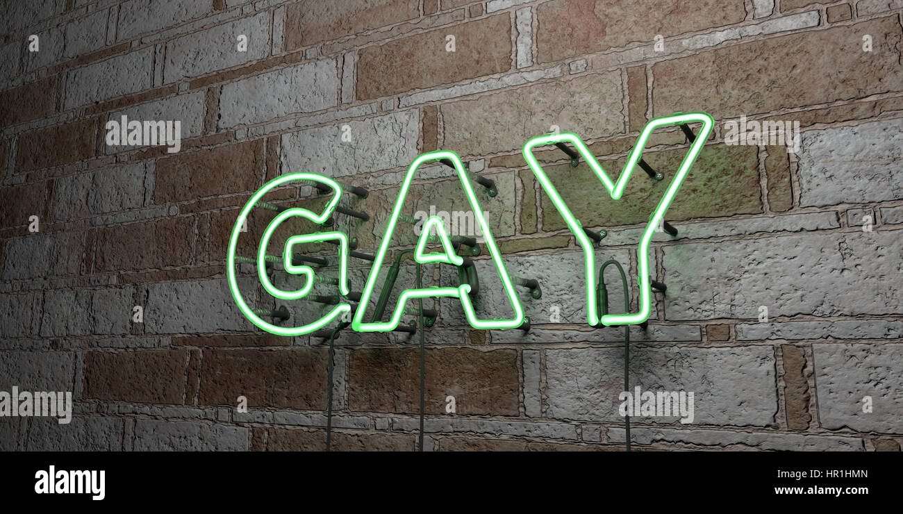 GAY - Glowing Neon Sign on stonework wall - 3D rendered royalty free ...
