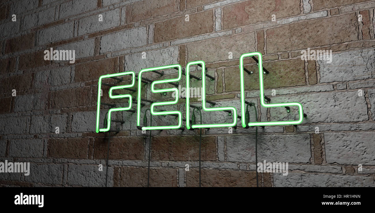 FELL - Glowing Neon Sign on stonework wall - 3D rendered royalty free ...