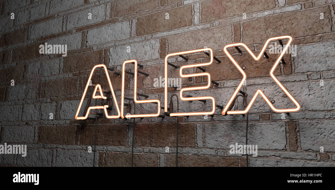 ALEX - Glowing Neon Sign on stonework wall - 3D rendered royalty free ...