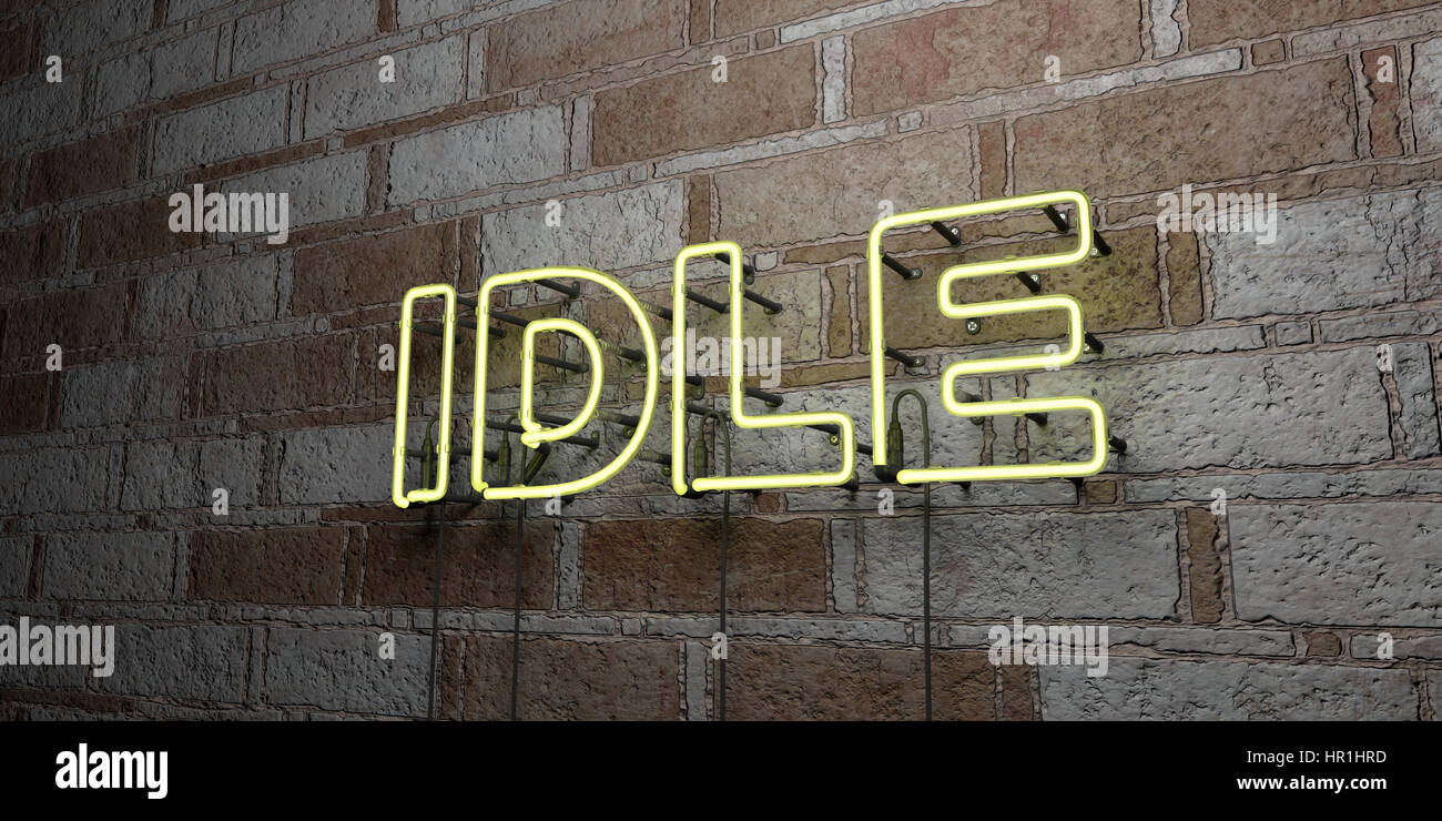 IDLE - Glowing Neon Sign on stonework wall - 3D rendered royalty free ...