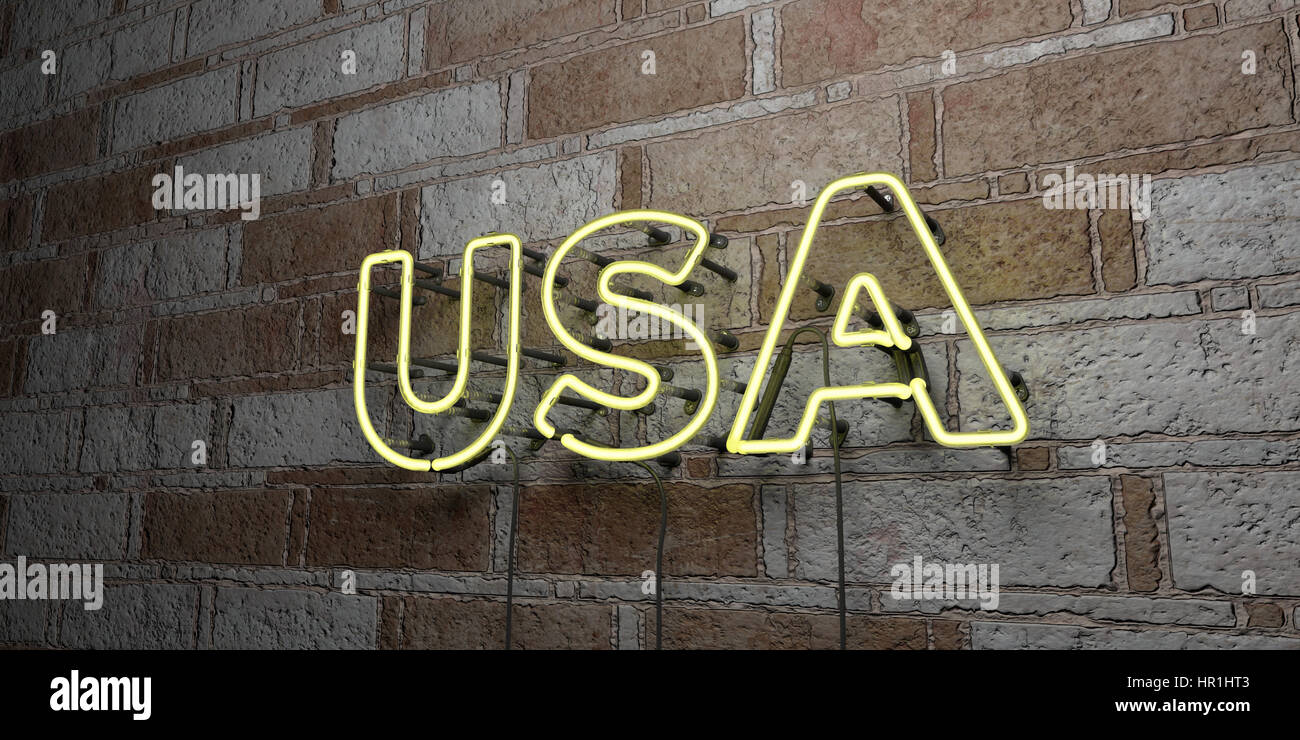 USA - Glowing Neon Sign on stonework wall - 3D rendered royalty free ...