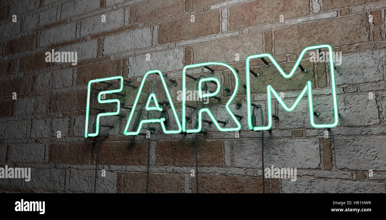 FARM - Glowing Neon Sign on stonework wall - 3D rendered royalty free ...