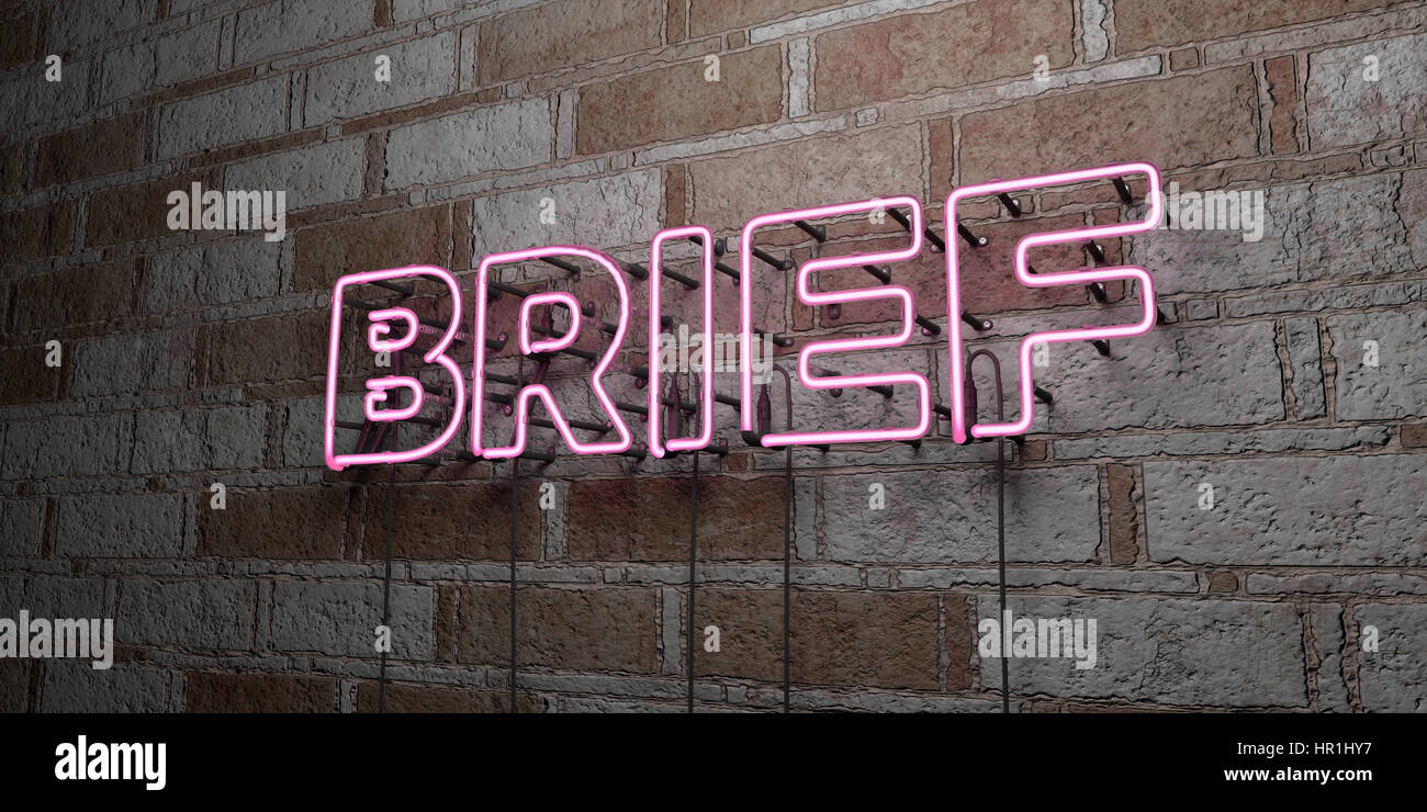 BRIEF - Glowing Neon Sign on stonework wall - 3D rendered royalty free ...