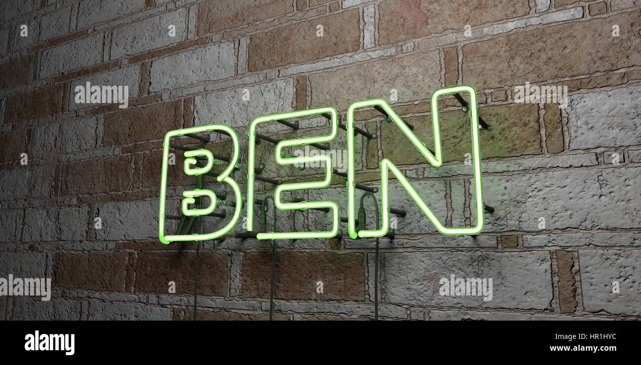 BEN - Glowing Neon Sign on stonework wall - 3D rendered royalty free ...
