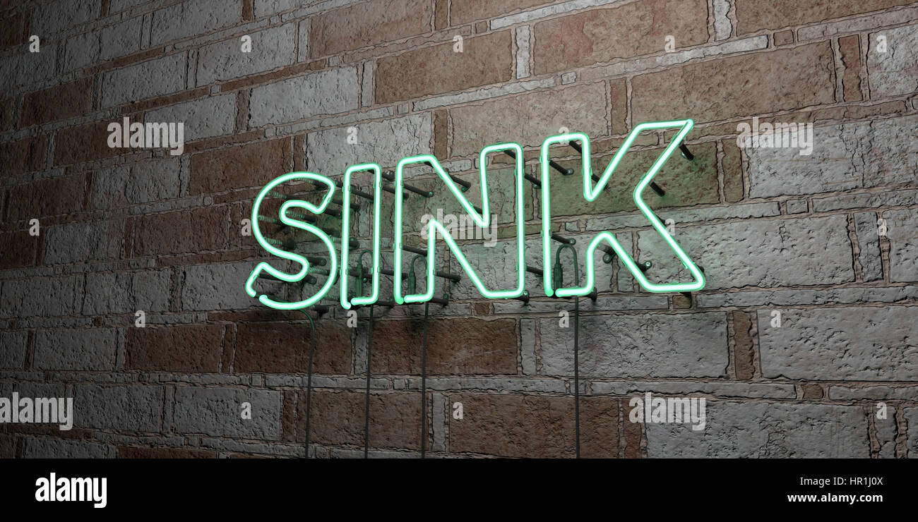 SINK - Glowing Neon Sign on stonework wall - 3D rendered royalty free ...