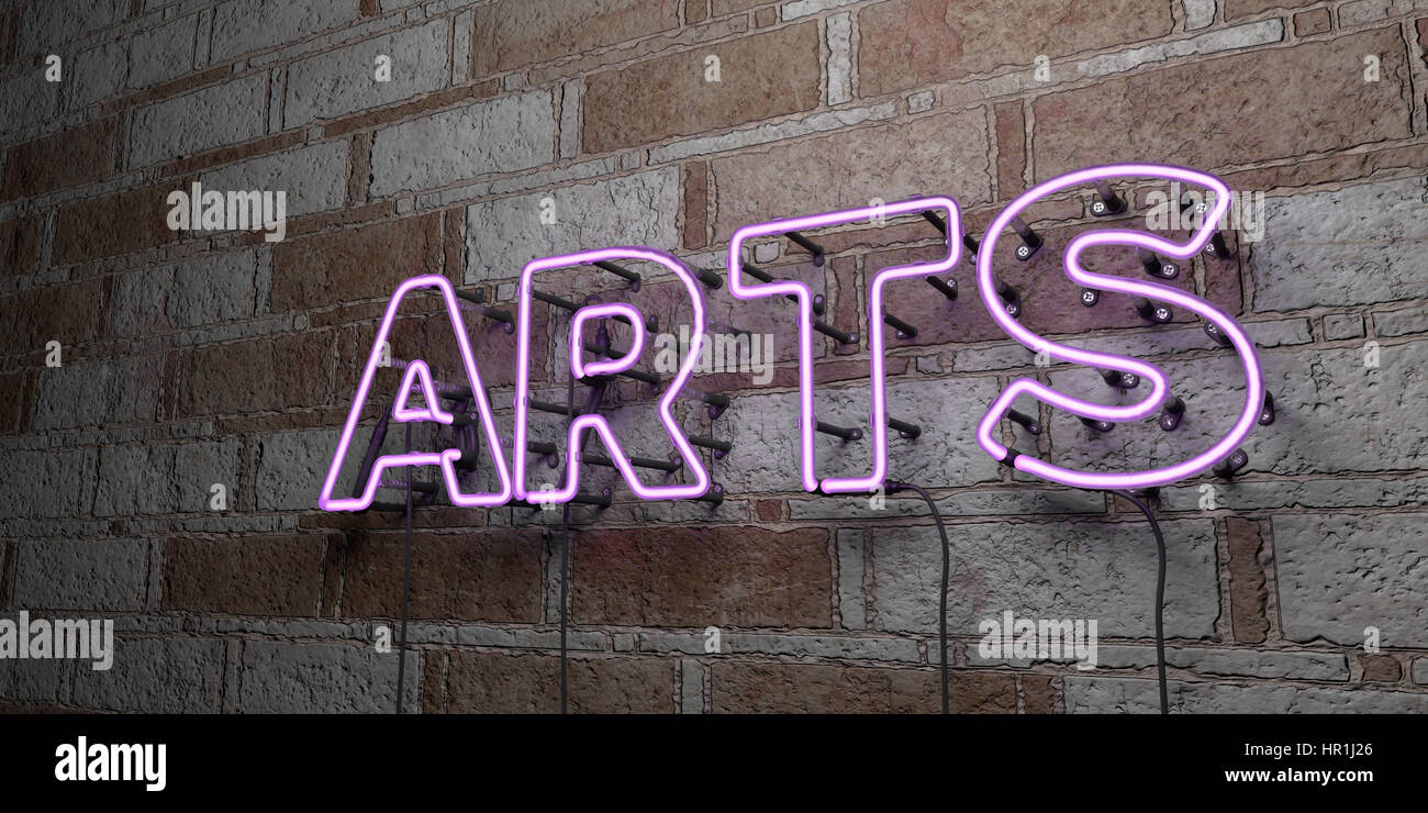 ARTS - Glowing Neon Sign on stonework wall - 3D rendered royalty free ...