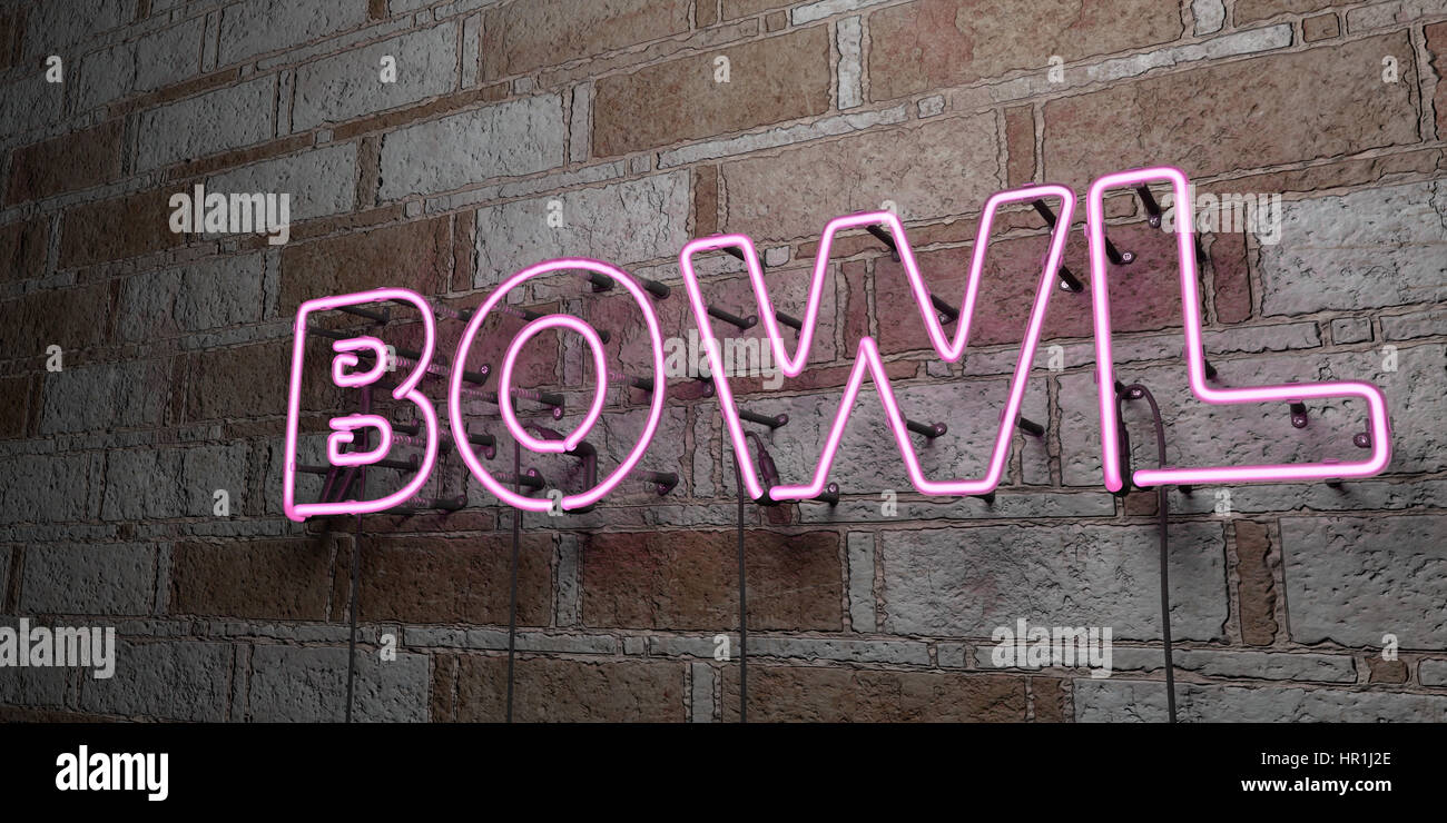 BOWL - Glowing Neon Sign on stonework wall - 3D rendered royalty free ...