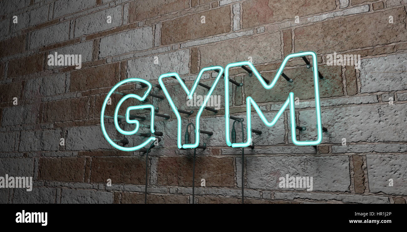 GYM - Glowing Neon Sign on stonework wall - 3D rendered royalty free ...