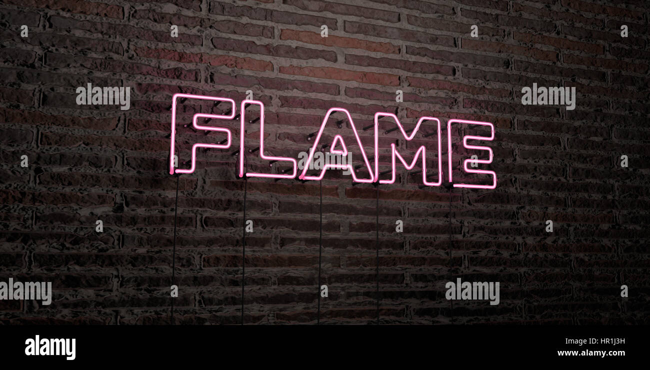 FLAME -Realistic Neon Sign on Brick Wall background - 3D rendered ...