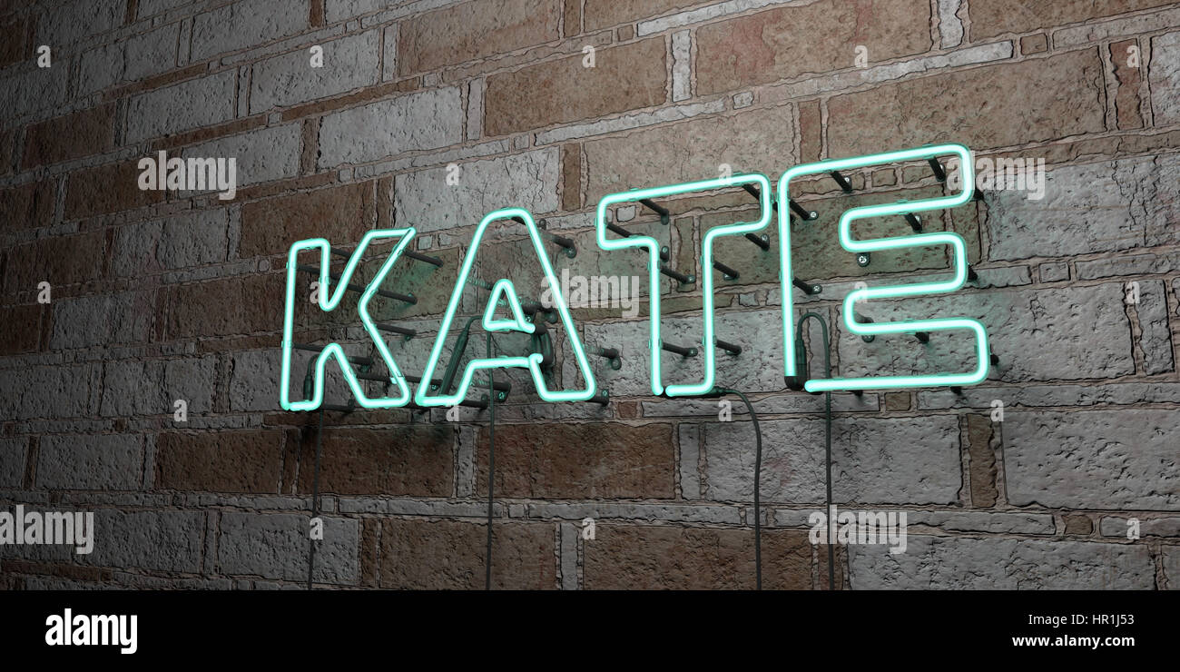KATE - Glowing Neon Sign on stonework wall - 3D rendered royalty free ...