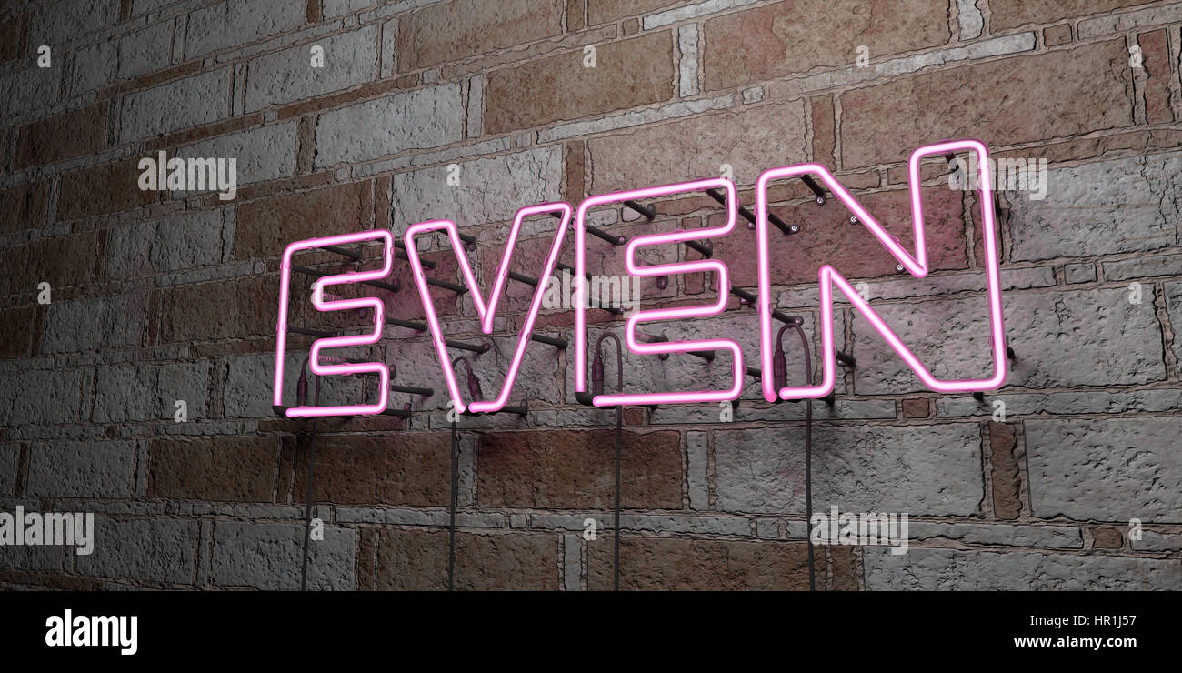 EVEN - Glowing Neon Sign on stonework wall - 3D rendered royalty free ...