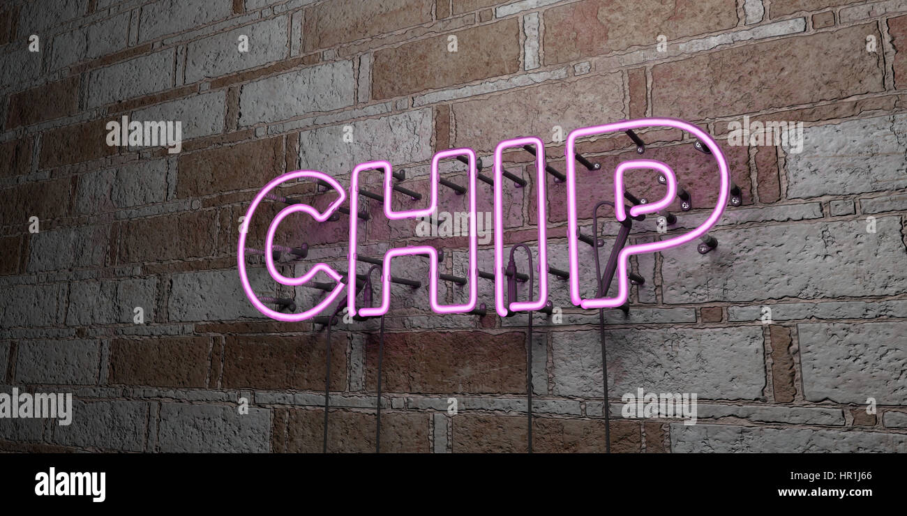CHIP - Glowing Neon Sign on stonework wall - 3D rendered royalty free ...