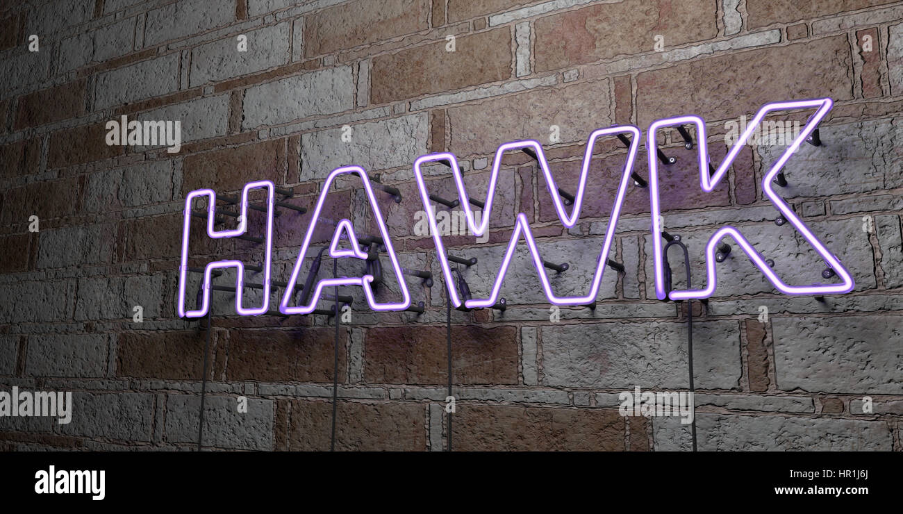 HAWK - Glowing Neon Sign on stonework wall - 3D rendered royalty free ...
