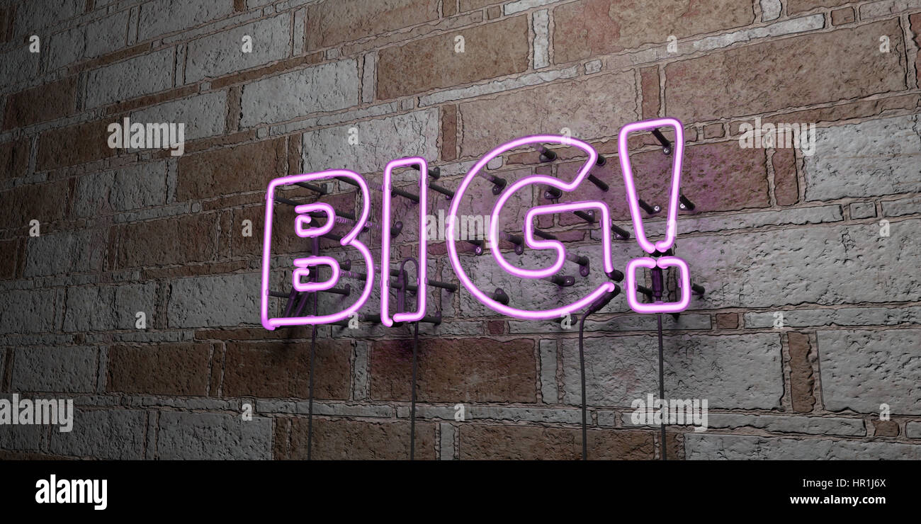 BIG! - Glowing Neon Sign on stonework wall - 3D rendered royalty free ...