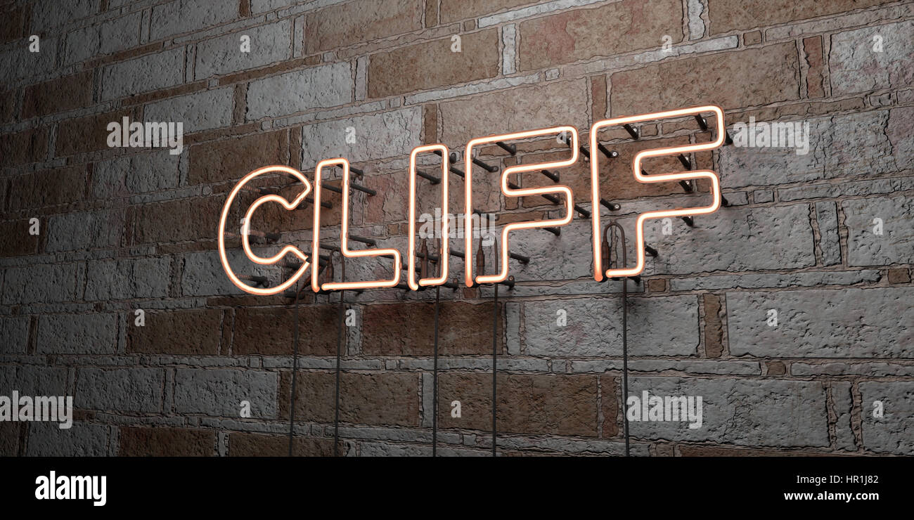 CLIFF - Glowing Neon Sign on stonework wall - 3D rendered royalty free ...