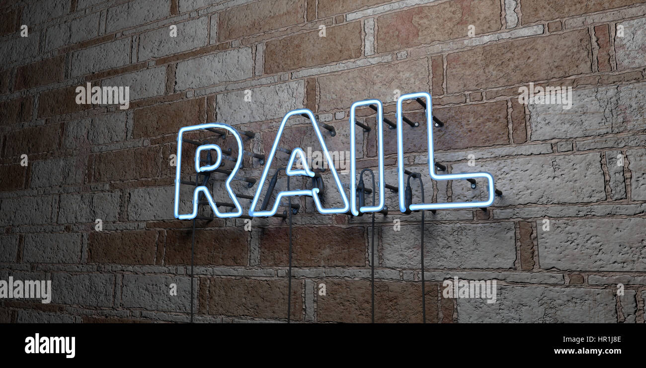 RAIL - Glowing Neon Sign on stonework wall - 3D rendered royalty free ...