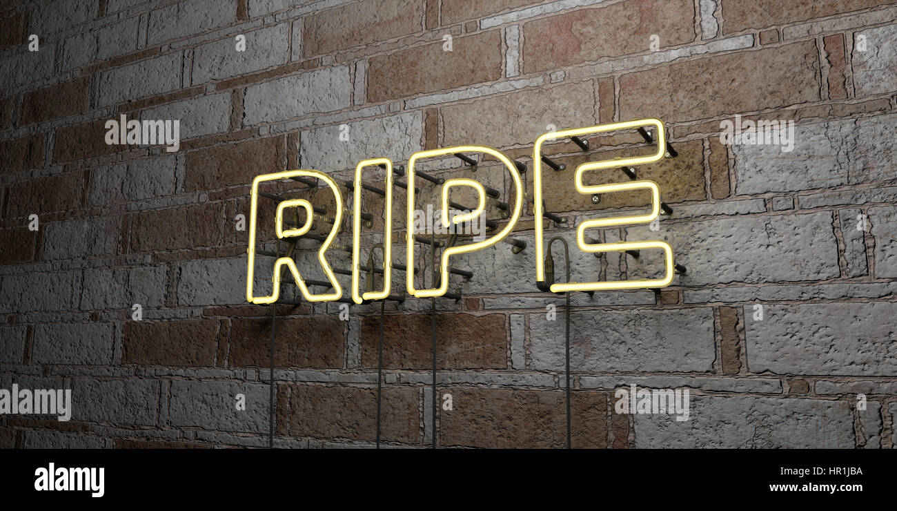 RIPE - Glowing Neon Sign on stonework wall - 3D rendered royalty free ...